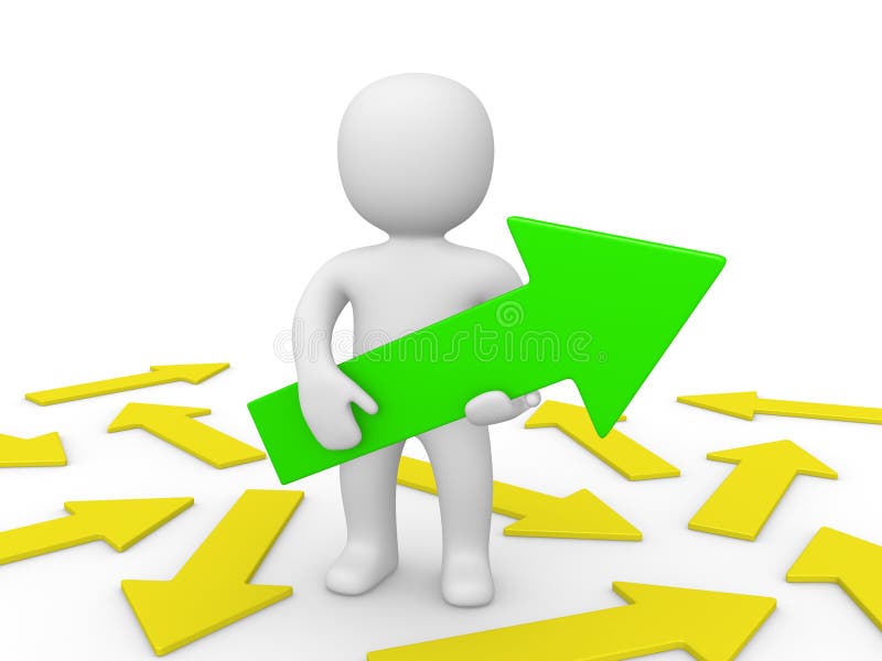 3d Man Standing among Many Yellow Arrows and Holding Big Green Arrow ...