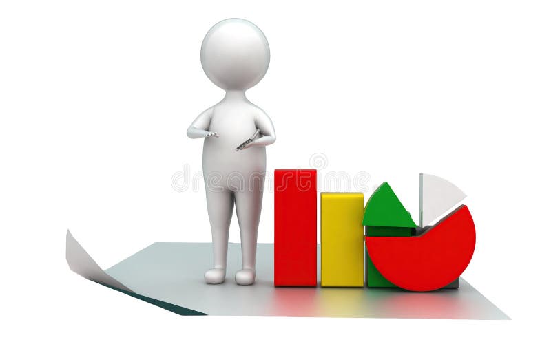 3d Man Standing on Plain Paper Presenting Pie Chart and Bar Graph ...