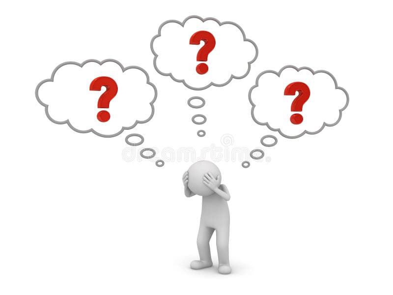 3d Man Standing and Thinking with Red Question Marks in Thought Bubbles ...