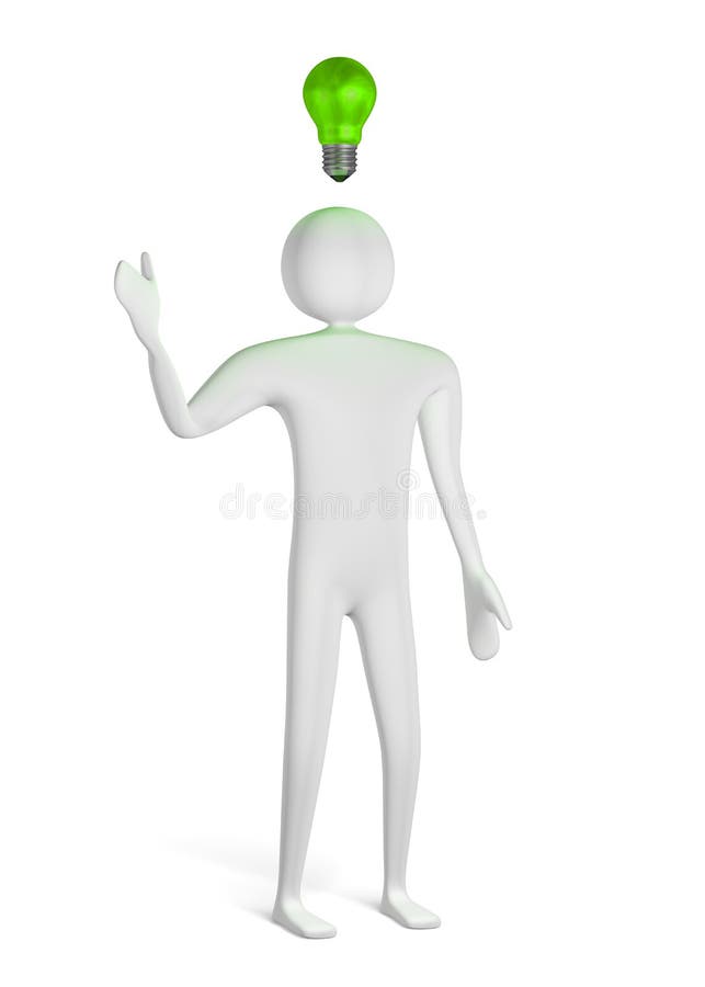 3d Man Thinking and Green Light Bulb Above Stock Illustration ...
