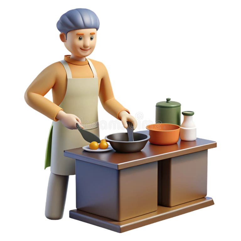 3D Man Using a Cooking Surface on White Background Stock Illustration ...