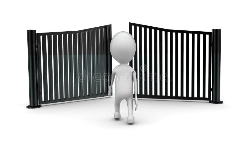 3d Man Walking into Opened Gate Stock Illustration - Illustration of ...