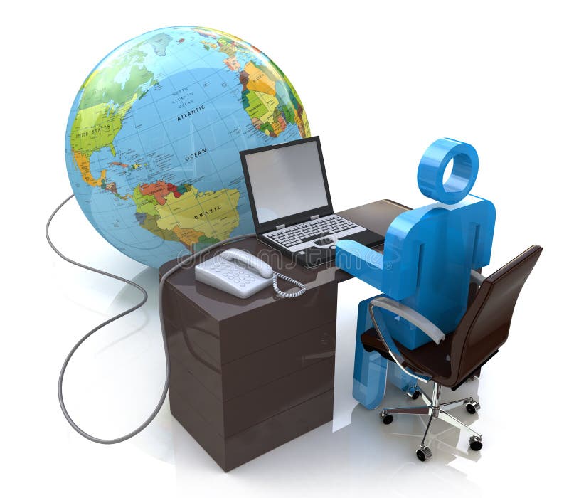 3d Man Working on Computer Connected To Globe Stock Illustration ...