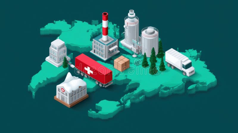 3D Map of Canada with Industrial Buildings, Trucks, Trees and Shipping ...