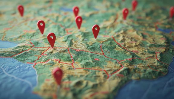 A 3D Map Displaying Red Location Pins and Network Lines, Representing ...