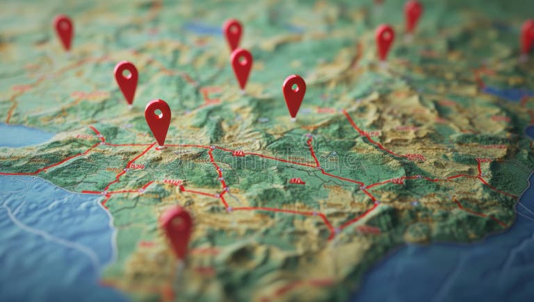 A 3D Map Displaying Red Location Pins and Network Lines, Representing ...