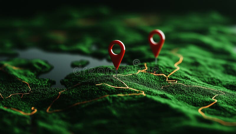 3D Map of Green Landscape with Red Location Pins Marking Specific ...