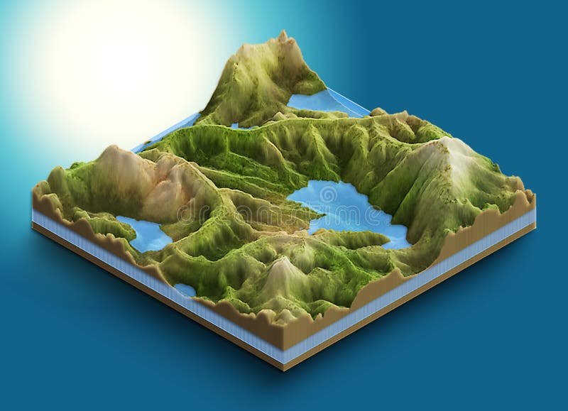 3d Map Isometric of a Chain of Mountains and Ponds with Vegetation and ...