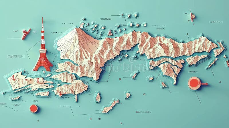 Stylized 3D Map of Japan with Tokyo Tower and Mount Fuji Stock Illustration - Illustration of ...