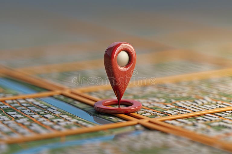 A 3D Map or Location Pin Symbol Red Pinpoint on a Blurred Map Stock ...