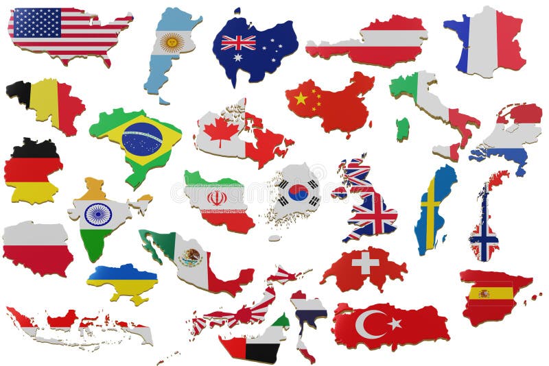 3D Map with Many Countries. Map of Countries Land Border with Flag. 3d ...