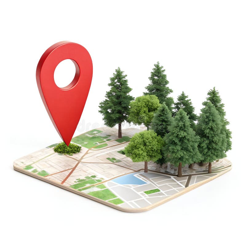 3D Map with Red Location Pin and Green Trees Isolated on White ...