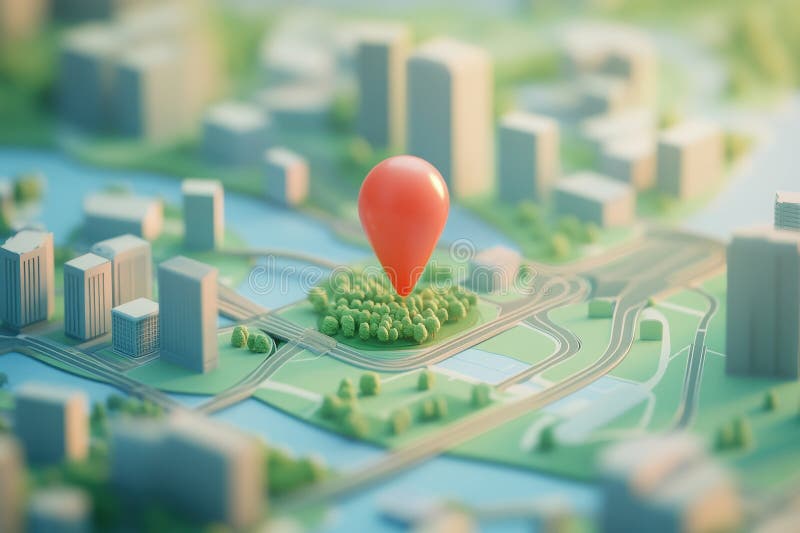 A 3D Map with a Red Location Pin Highlighting a Green Area among Urban ...