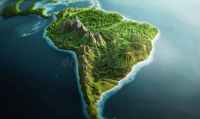 3D Map of South America Featuring Lush Greenery, Mountain Ranges, and Coastal Waters Stock Photo ...