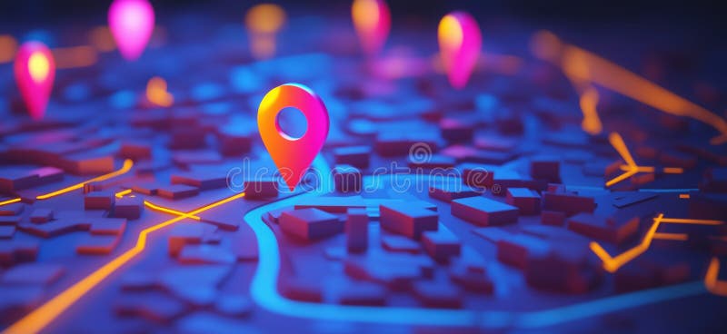 3D Map Visualization with Colorful Location Pins and Neon Pathways ...