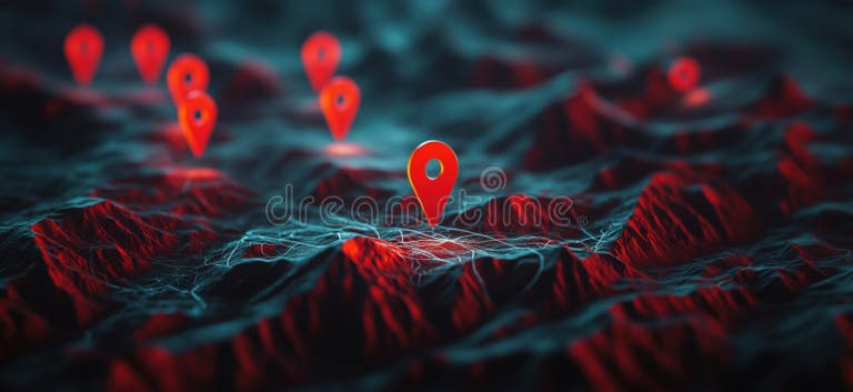 3D Map Visualization with Red Location Pins on Mountainous Terrain ...