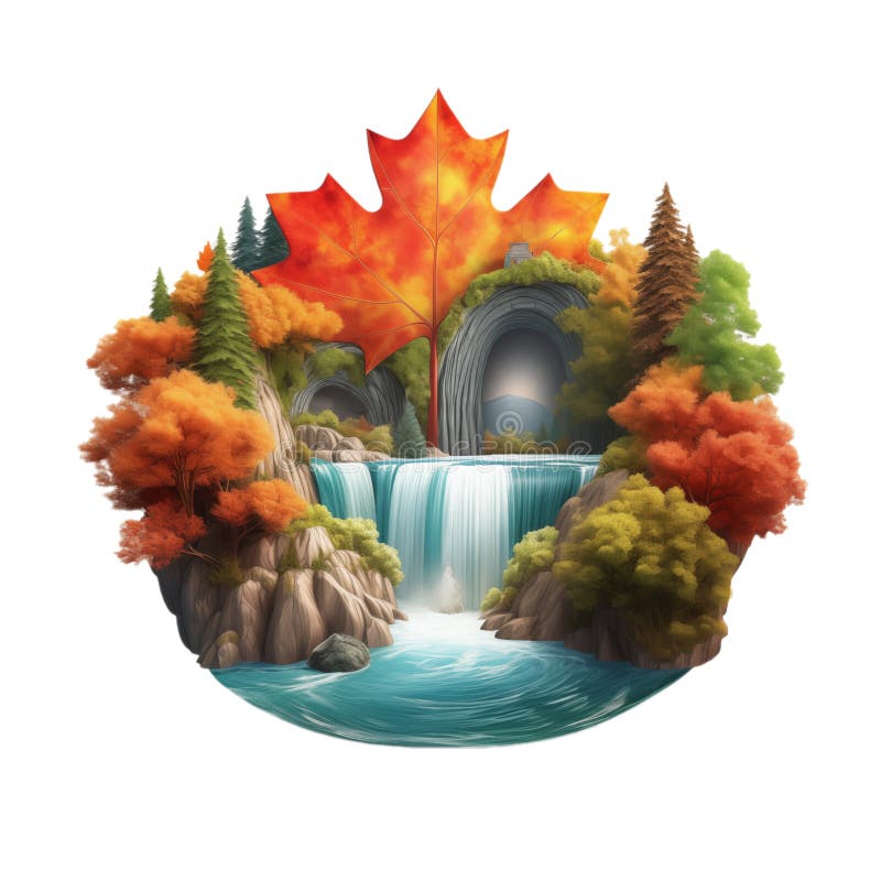 3d Maple Leaf Illustration with Autumn Landscape and Waterfall, Stock ...