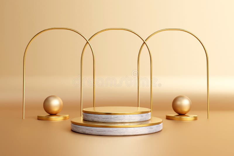 3D Marble with Gold Texture Podium with Shiny Spherical Objects. Stock ...