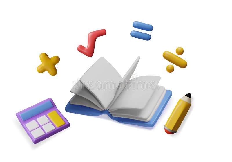 3D Math Tools and Symbols Set: Notebook, Pencil, Calculator, Plus ...