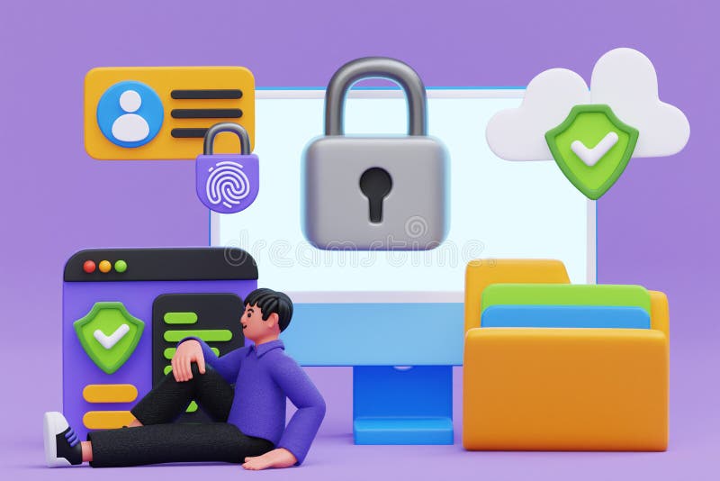 3D Men with Cyber Security Document and Files Illustration Stock ...