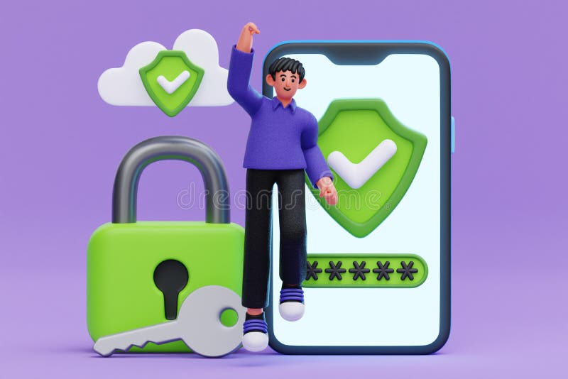 3D Men with Mobile Phone Password Security Illustration Stock ...