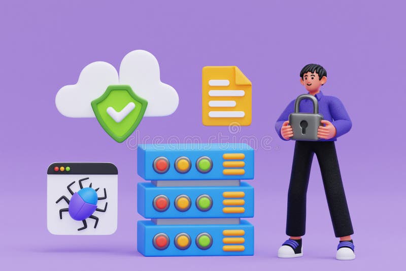 3D Men with Server Data Cloud Security Illustration Stock Illustration ...