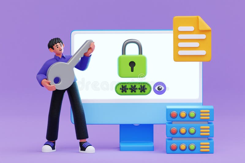 3D Men with Server Data Document Security Illustration Stock ...