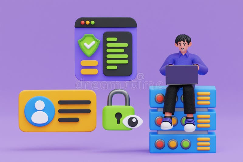 3D Men with Server Data Security Illustration Stock Illustration ...