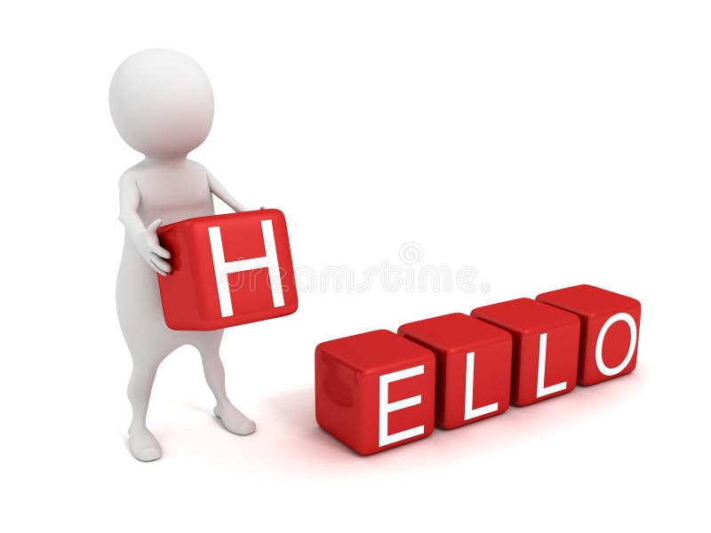 3d Mens Met Rode HELLO-tekststuk Speelgoed Blokken Stock Illustratie ...