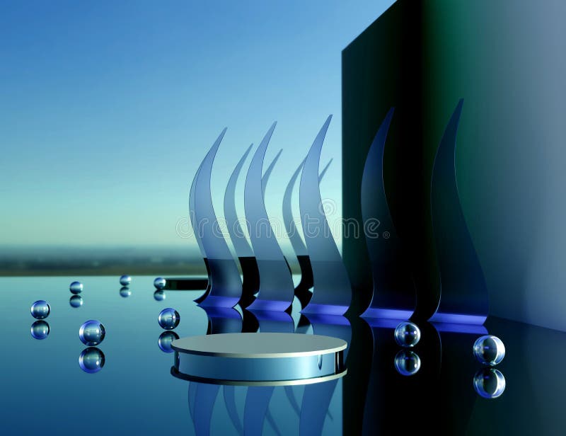 3D Metallic Blue Podium with Tiny Spherical Objects on Reflection Glass ...