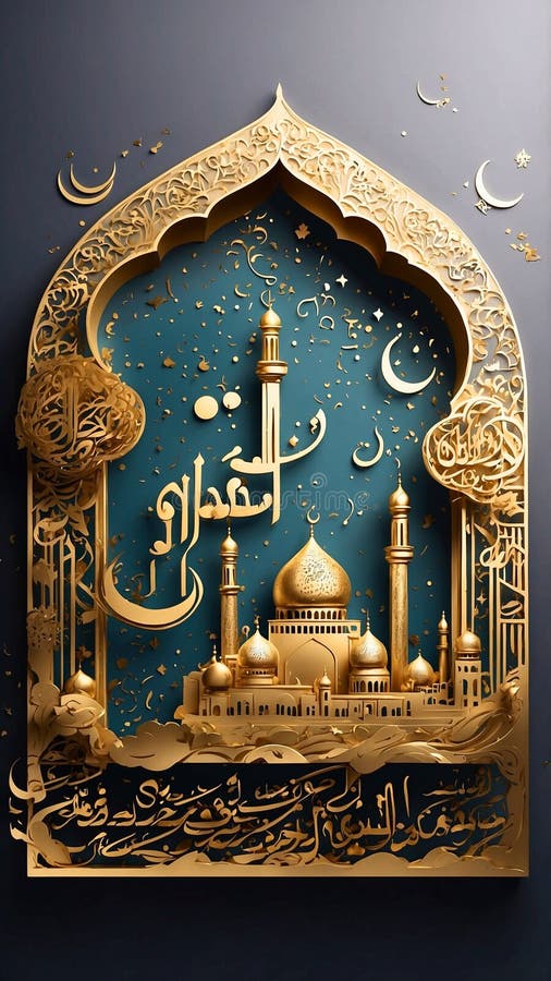 Glowing 3D Gold Calligraphy with Mosque Silhouette Stock Illustration ...