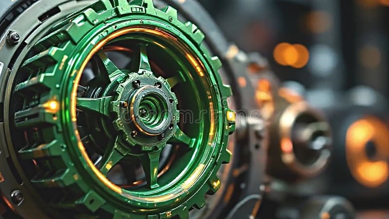 3D Metallic Green Wheel Rotating with Intricate Gears and Glowing ...