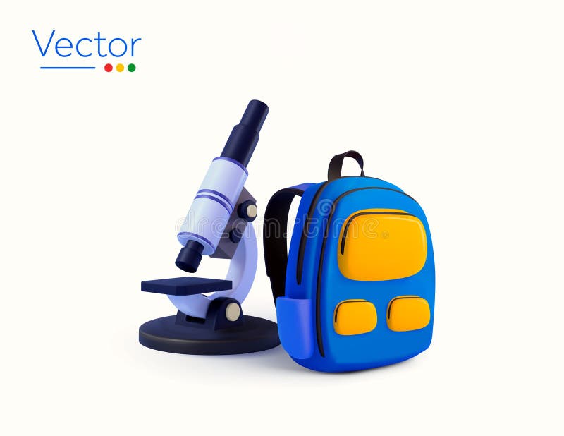 3d Microscope with Backpack or School Bag, Isolated on White Background. Banner Concept for ...