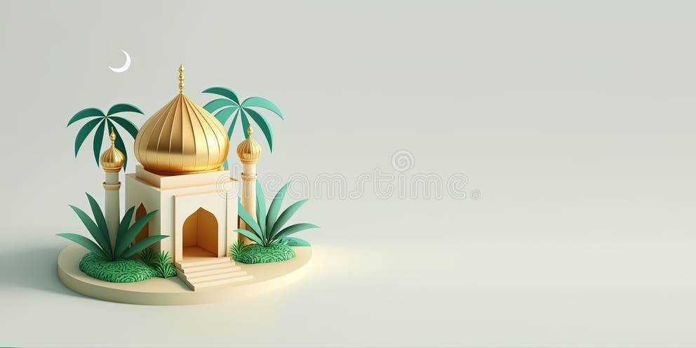 3D Mini Mosque with Golden Dome for Ramadan Banner Stock Illustration ...