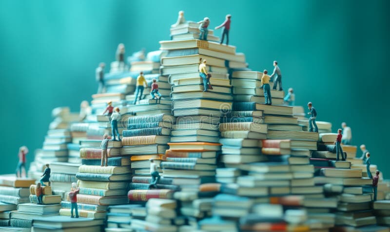 3D Miniature People Climbing Up a Stack of Books, As If Scaling a ...