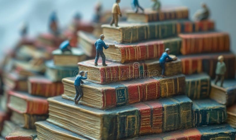 3D Miniature People Climbing Up a Stack of Books, As If Scaling a ...