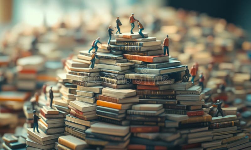 3D Miniature People Climbing Up a Stack of Books, As If Scaling a ...