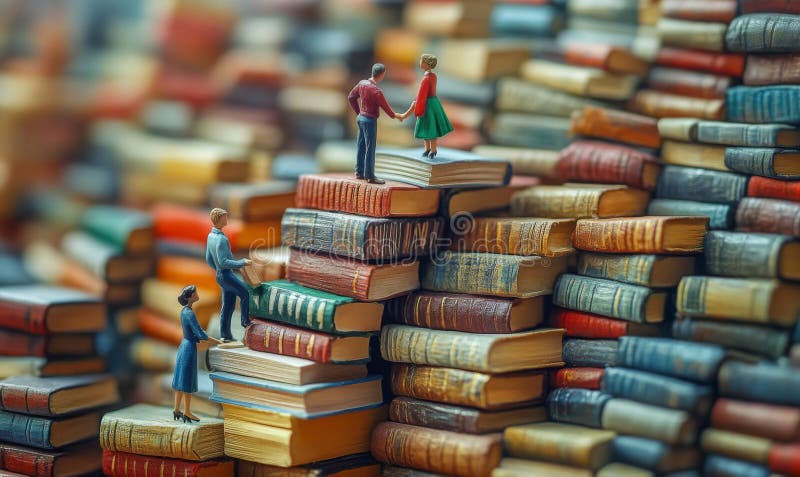 3D Miniature People Climbing Up a Stack of Books, As If Scaling a ...