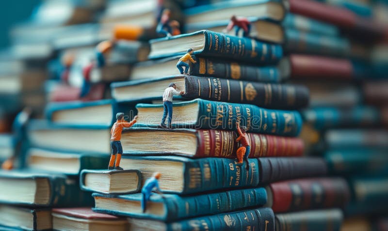 3D Miniature People Climbing Up a Stack of Books, As If Scaling a ...