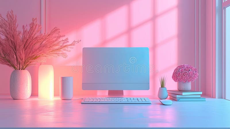 3D Minimal Desktop with Blank Screen Mockup, Empty Screen for Text, and ...