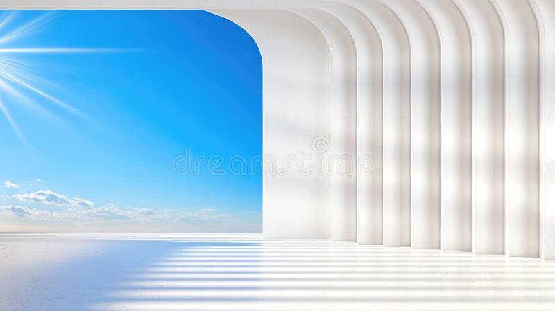 3D Minimalist Wallpaper with White Arches and Blue Sky Stock ...