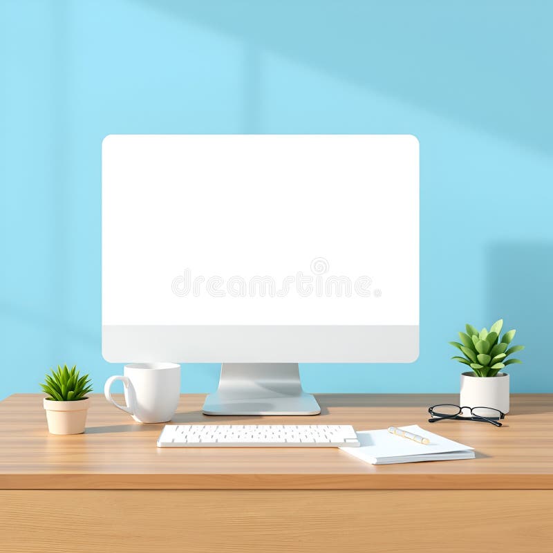 3D Minimalist Workspace with Blank Computer Screen on Blue Background ...