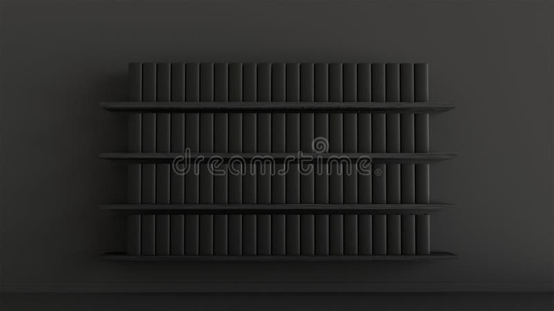 3D Mockup of Bookshelf with Simple Black Books in Black Interior for Design, Cover and ...