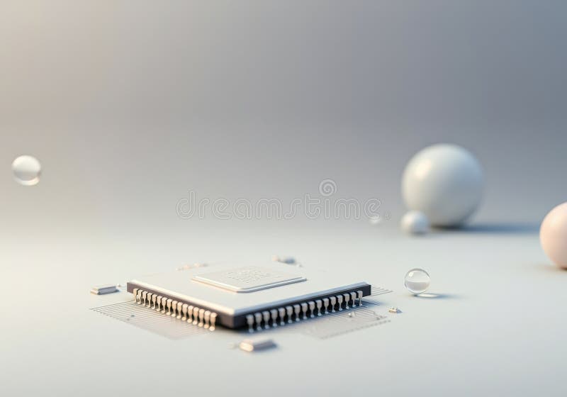 3D Mockup of a Computer Chip Surrounded by Abstract Spheres and Bubbles ...
