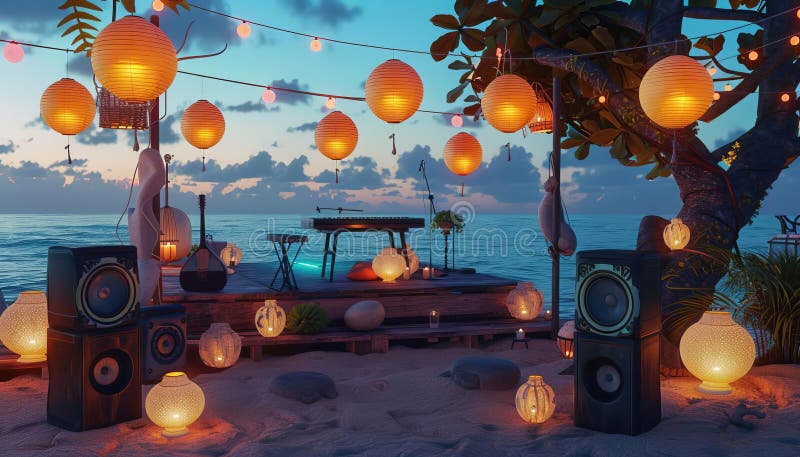 3D Model of a Beach Party with Lanterns and Music Stock Illustration ...