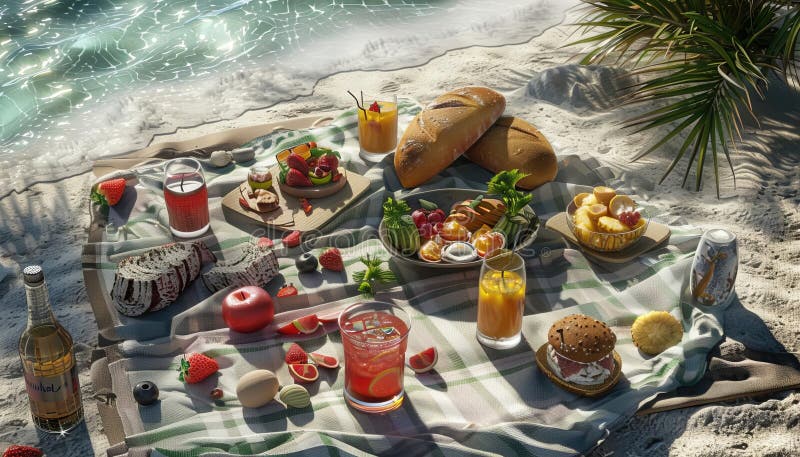 3D Model of a Beach Picnic with Food and Drinks on a Blanket Stock Illustration - Illustration ...