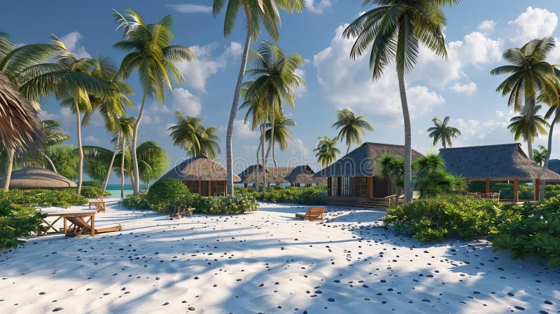 3D Model of a Beach Resort with Palm Trees and Huts Summer Stock ...