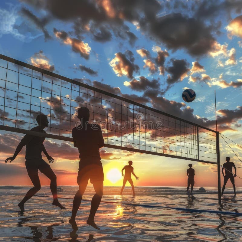 3D Model of a Beach Volleyball Game at Sunset Summer Stock Illustration ...