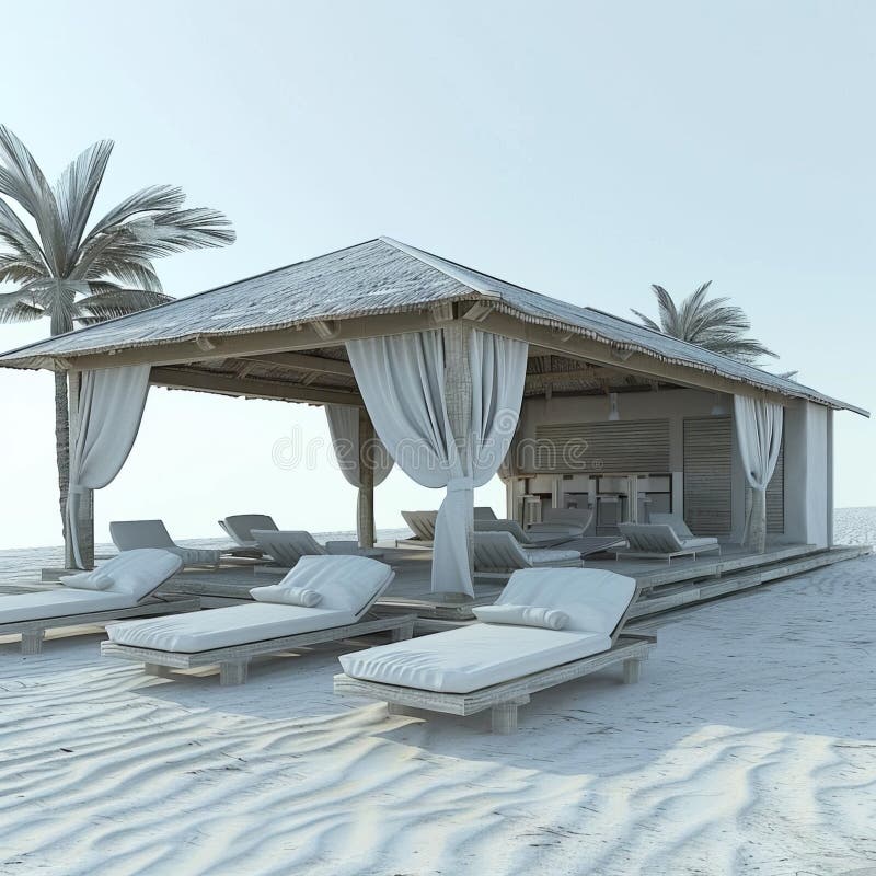 3D Model of a Beachside Cabana with Lounge Chairs Stock Illustration ...