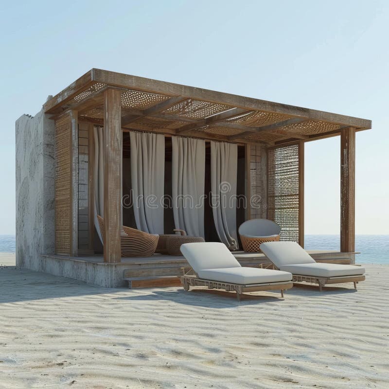 3D Model of a Beachside Cabana with Lounge Chairs Stock Illustration ...